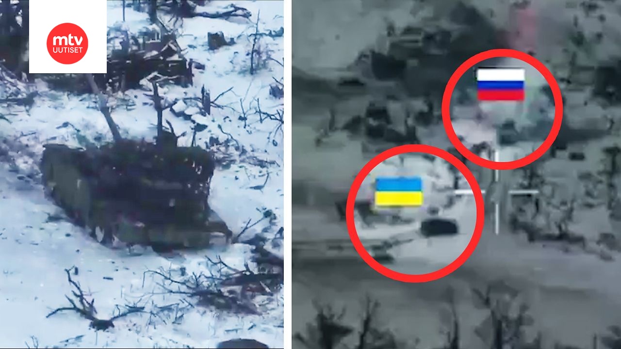 Ukrainan kuljetusvaunu vaurioitti Venäjän tankkia ja drone viimeisteli ...